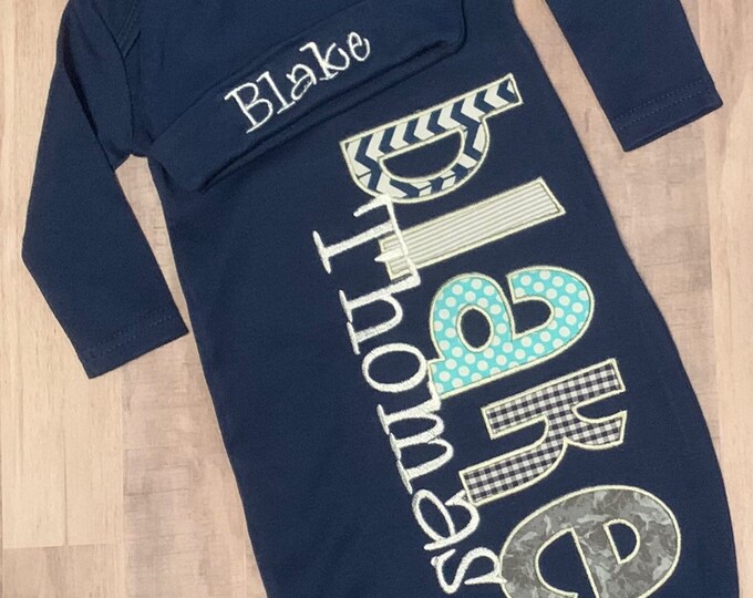Personalized Navy Baby Gown and Hat. Grey, Aqua and Navy. Baby Coming ...