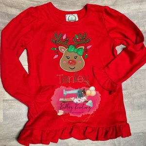 Girls Embroidered Christmas Shirt. Reindeer Shirt. Holiday Shirt ...