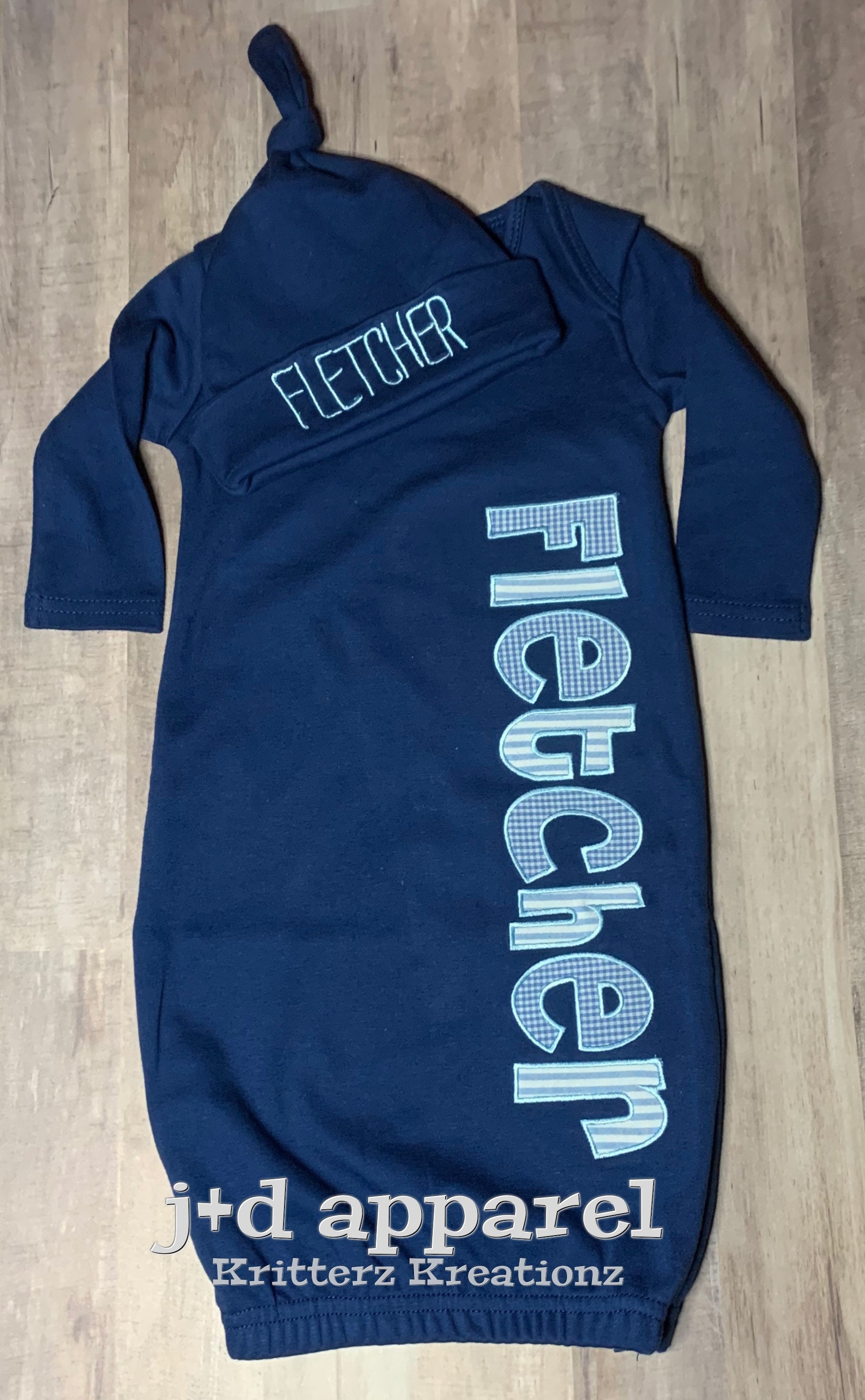 Personalized Navy Baby Gown and Hat. Light Blue Gingham and | Etsy