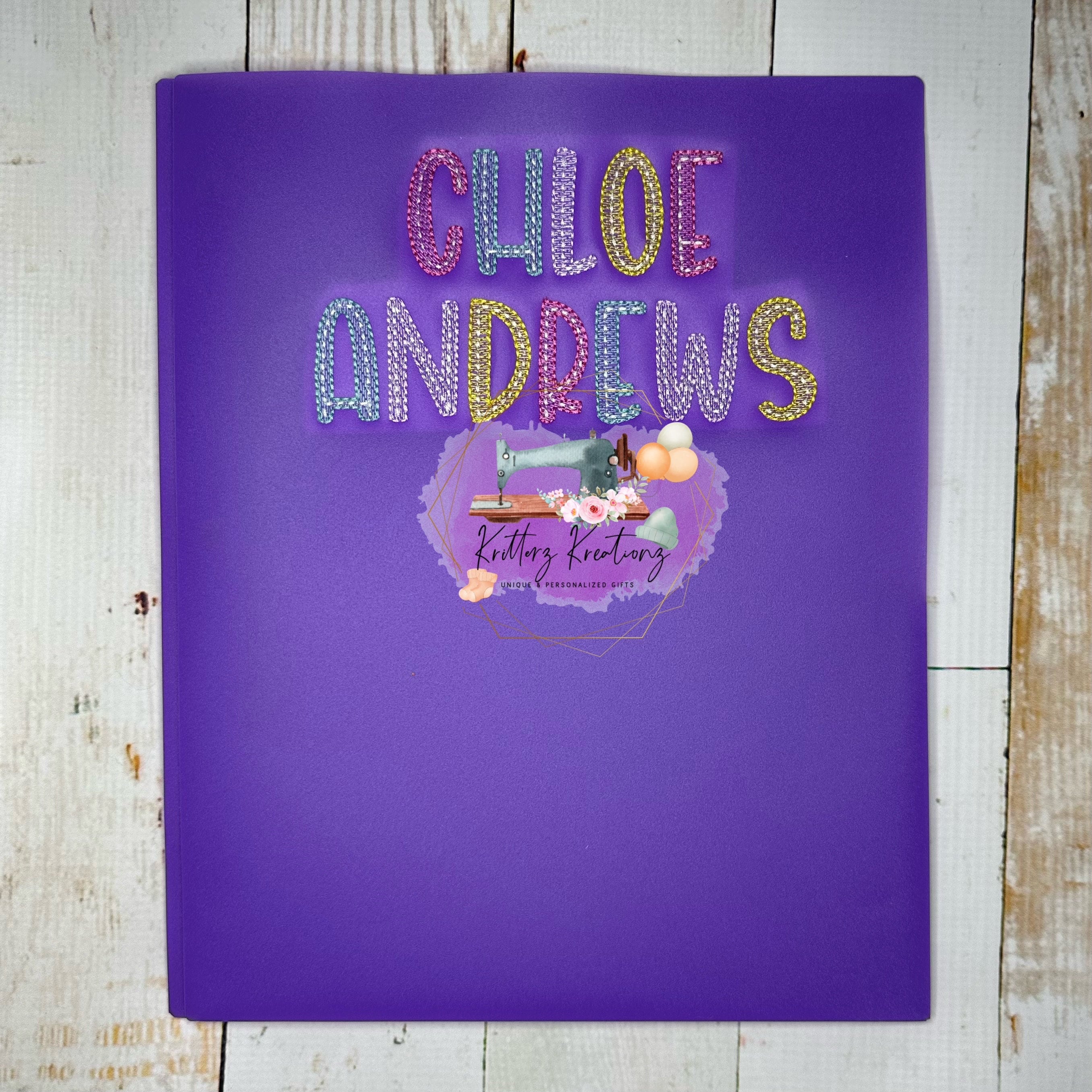 Embroidered School Folder. Plastic, 3 Prong, Pocket Folder With Name ...