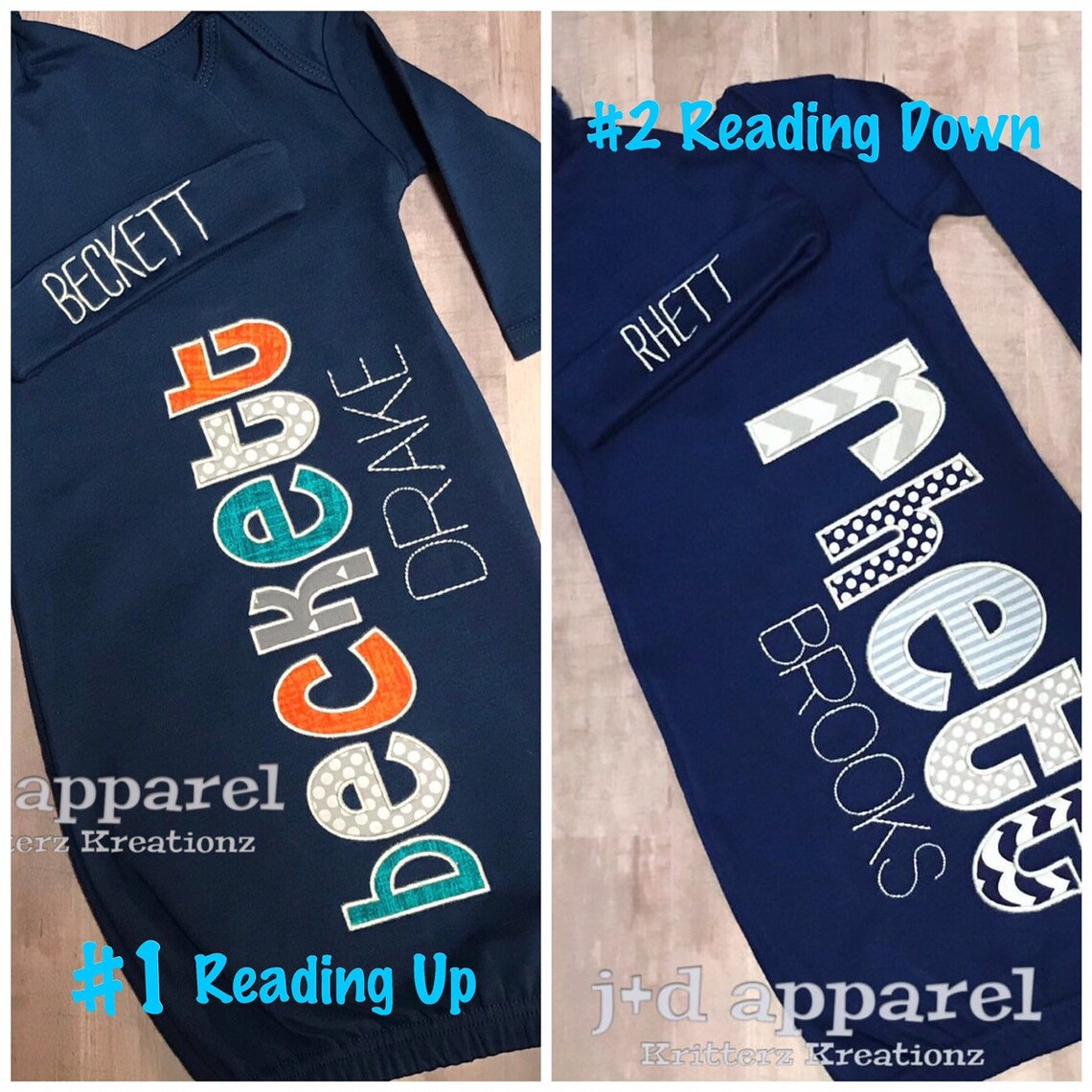 Personalized Navy Baby Gown and Hat. Teal Navy and Grey. - Etsy