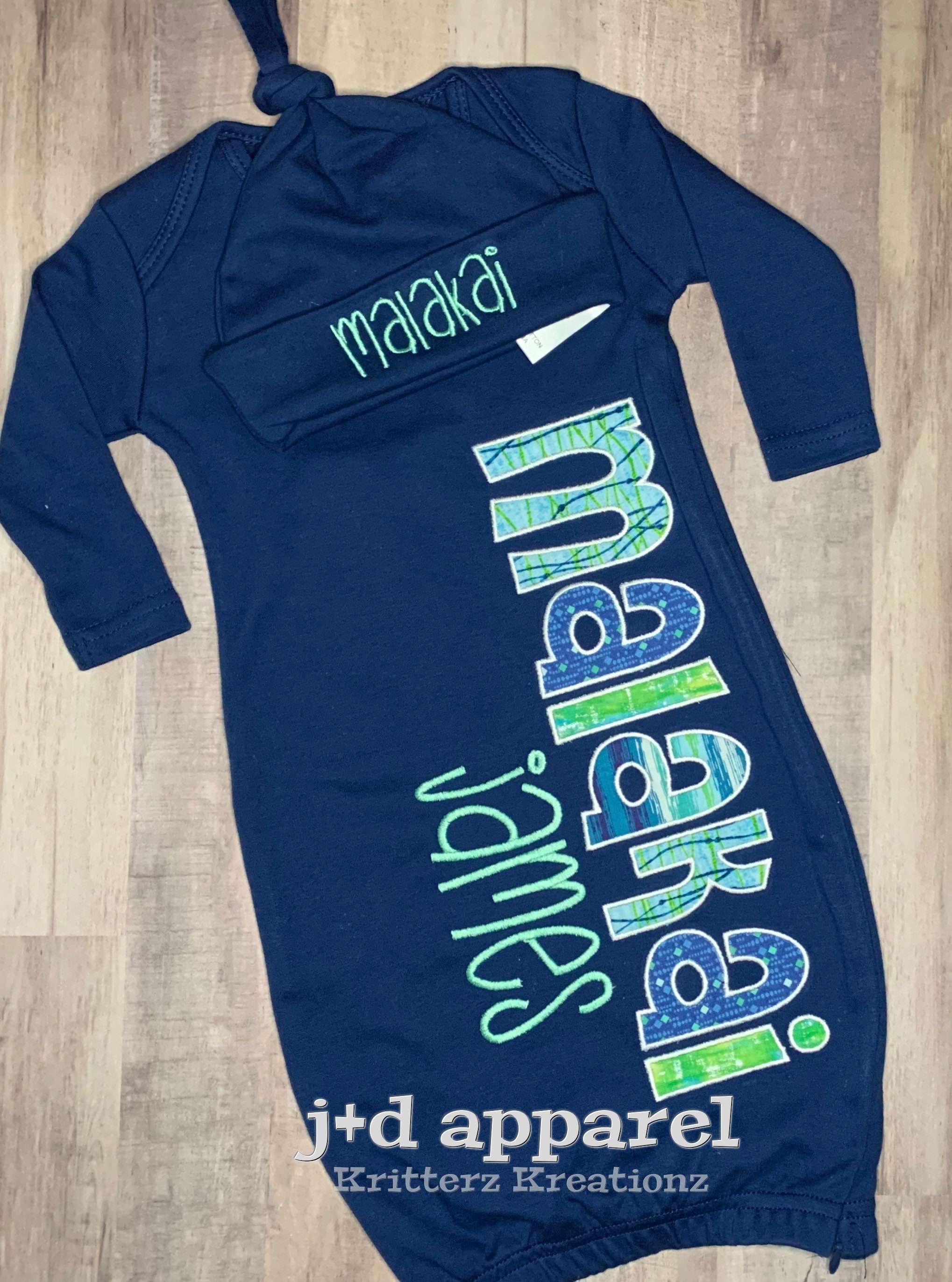 Personalized Navy Baby Gown and Hat. Blue Green Aqua and | Etsy