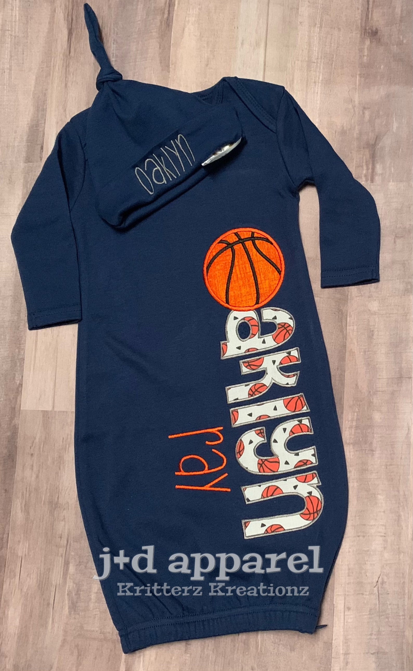 Personalized Navy Baby Gown and Hat. Basketballs on White. Coming Home ...