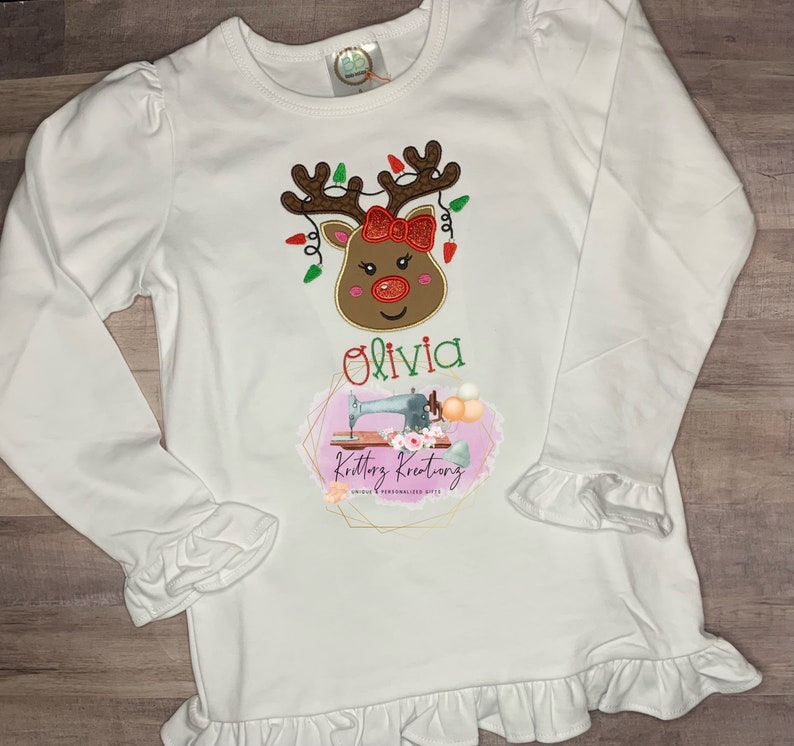 Girls Embroidered Christmas Shirt. Reindeer Shirt. Holiday Shirt ...