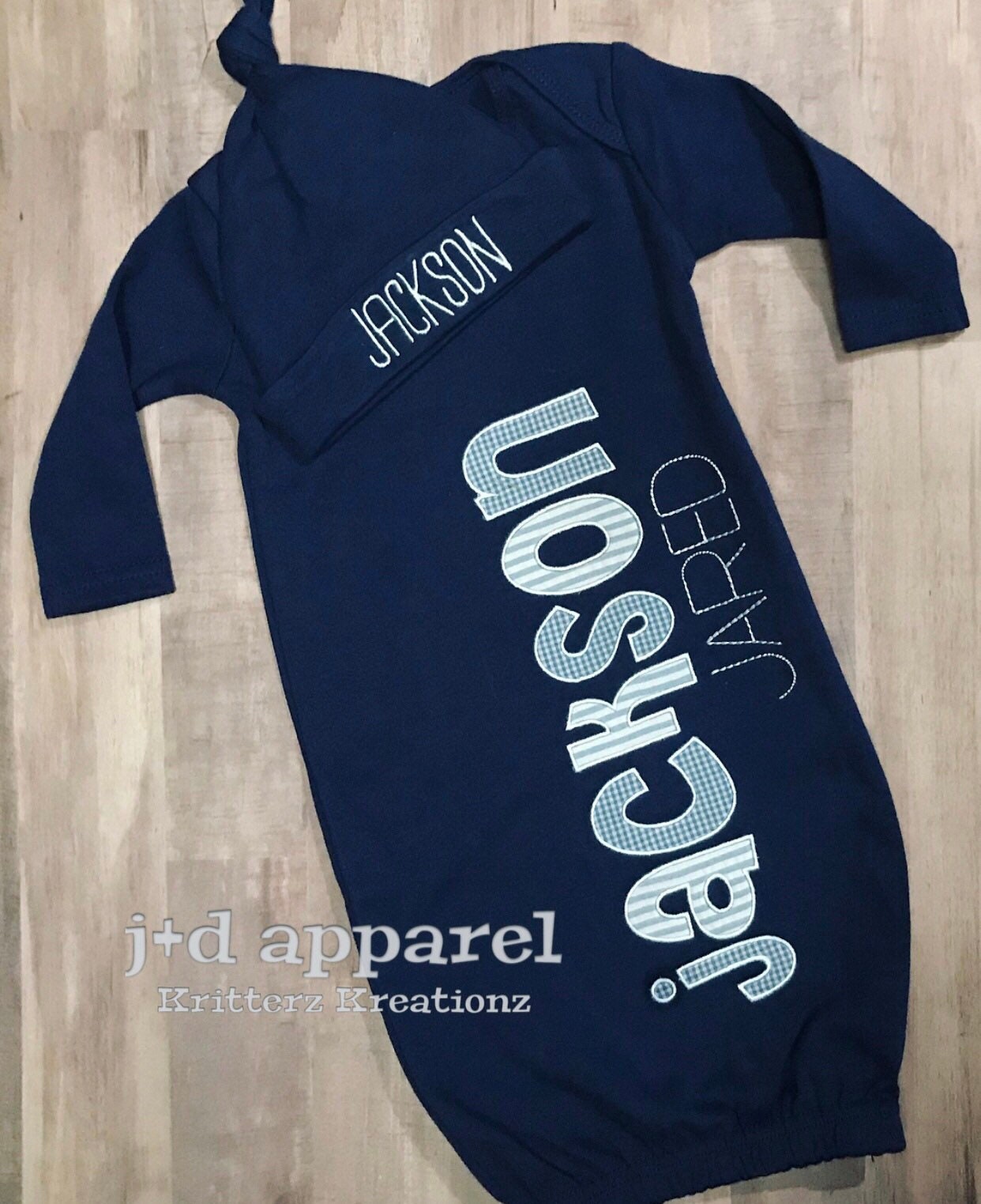 Personalized Navy Baby Gown and Hat. Light Blue Gingham and | Etsy