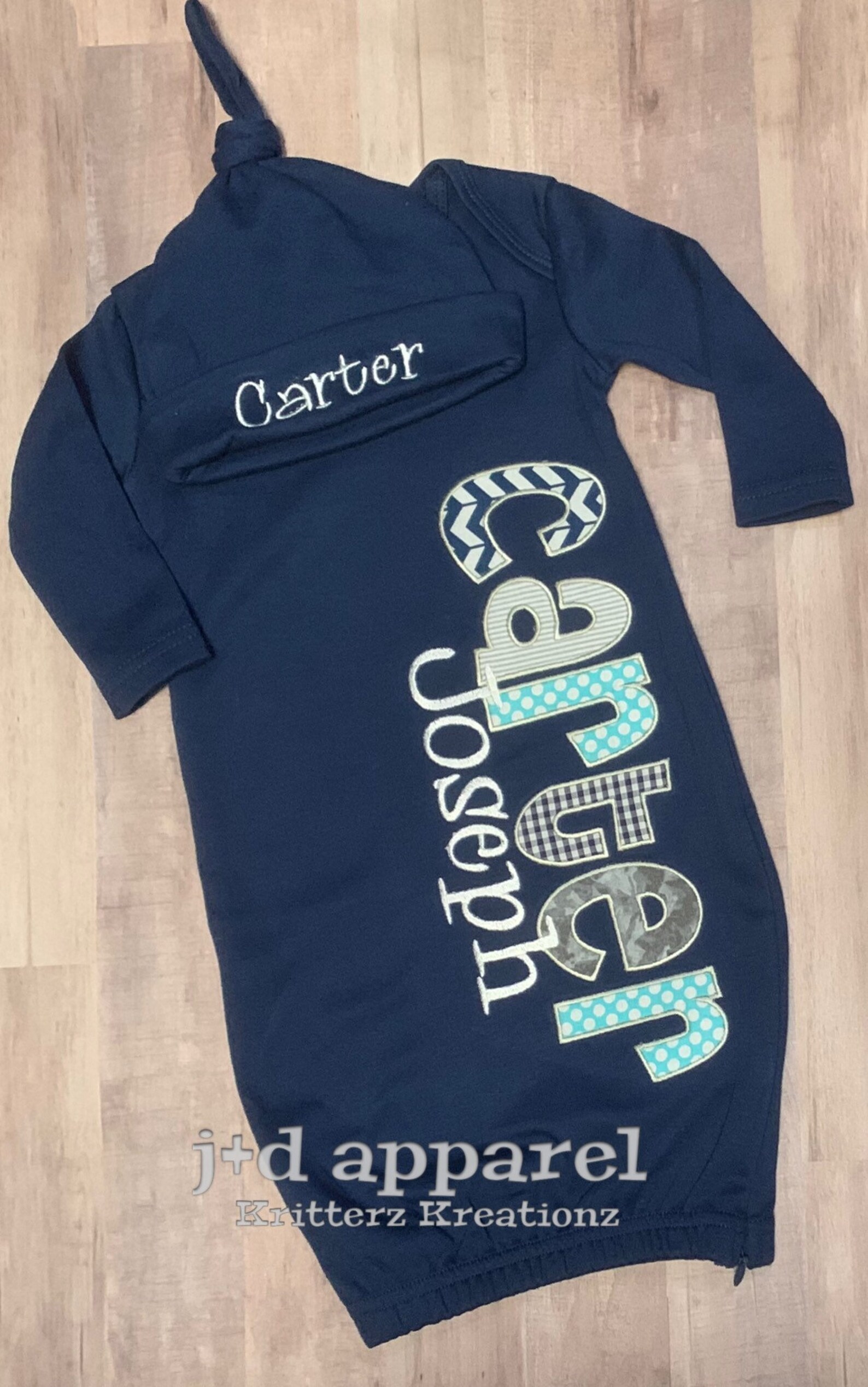 Personalized Navy Baby Gown and Hat. Grey Aqua and Navy. Baby - Etsy