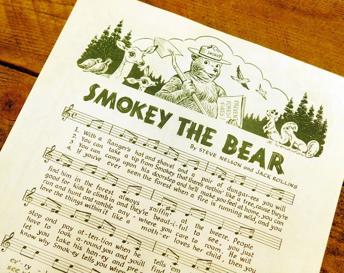 Vintage Original Smokey the Bear Song Sheet Conservation Pledge -ALMOST ...