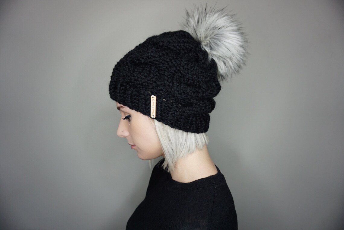 Braided Cable Knit Beanie With Faux Fur Pom Choose Your - Etsy
