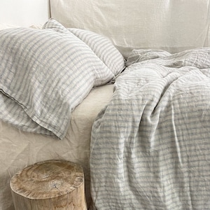 Linen Duvet Cover With Pillowcases, Blue Pinstripes French Bedding ...