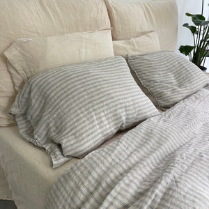 Linen Duvet Cover With Pillowcases, Blue Pinstripes French Bedding ...