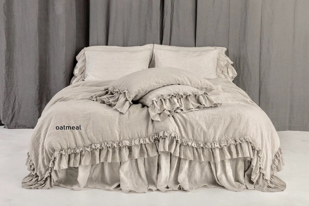Linen DUVET COVER Set. Rustic Style Linen Bedding With Double Ruffles ...