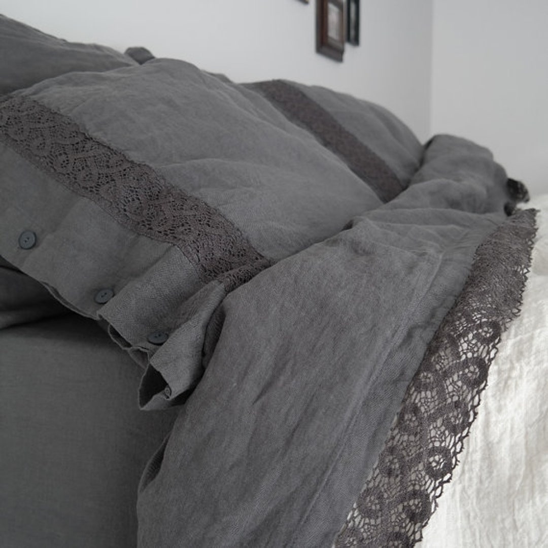 Linen SHEETS SET. France Linen LACE Bedding Set. Top Bed Sheet, Fitted ...
