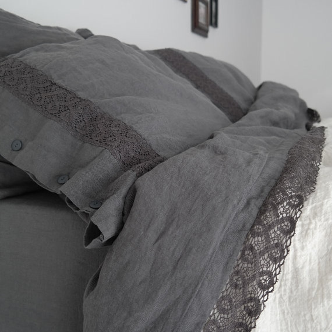 Linen SHEETS SET. France Linen LACE Bedding Set. Top Bed Sheet, Fitted ...