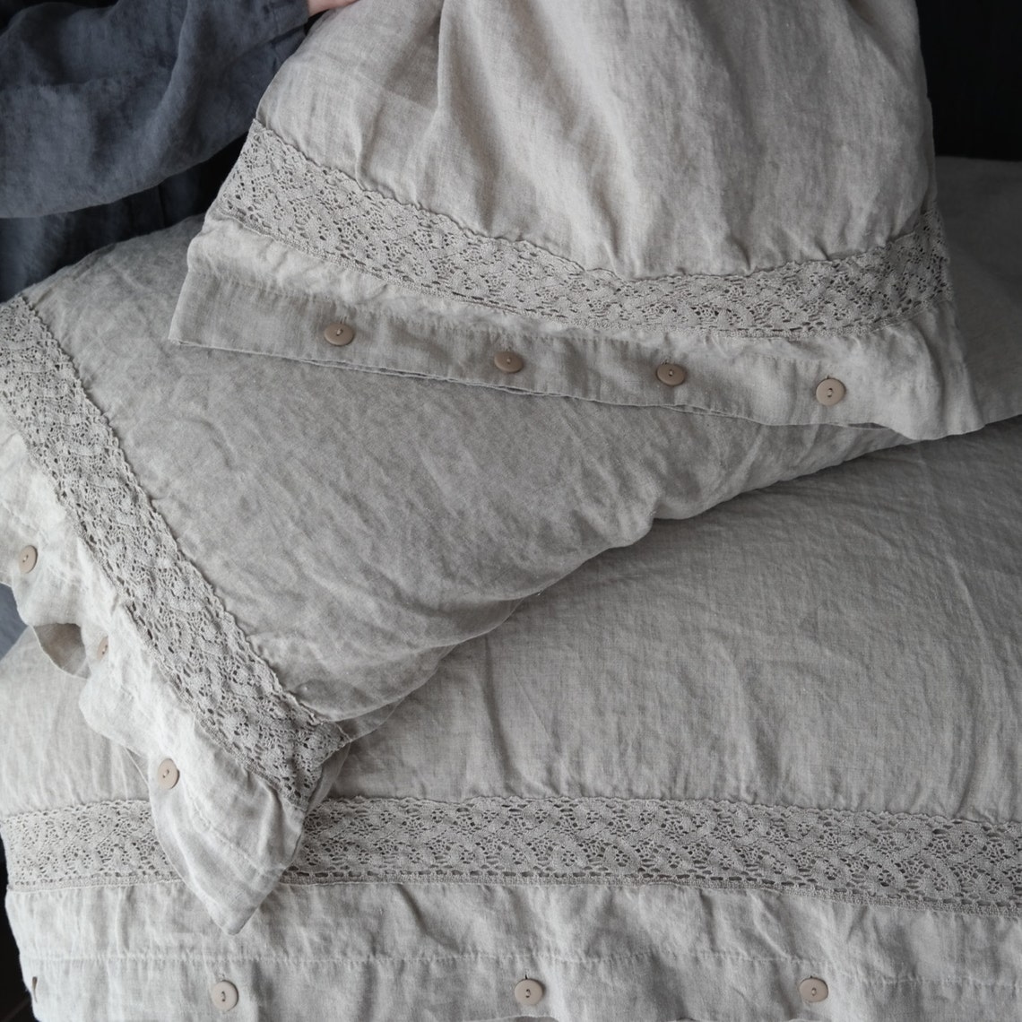 LINEN DUVET COVER Set of Duvet Cover and Pillowcases With Lace. Grey ...