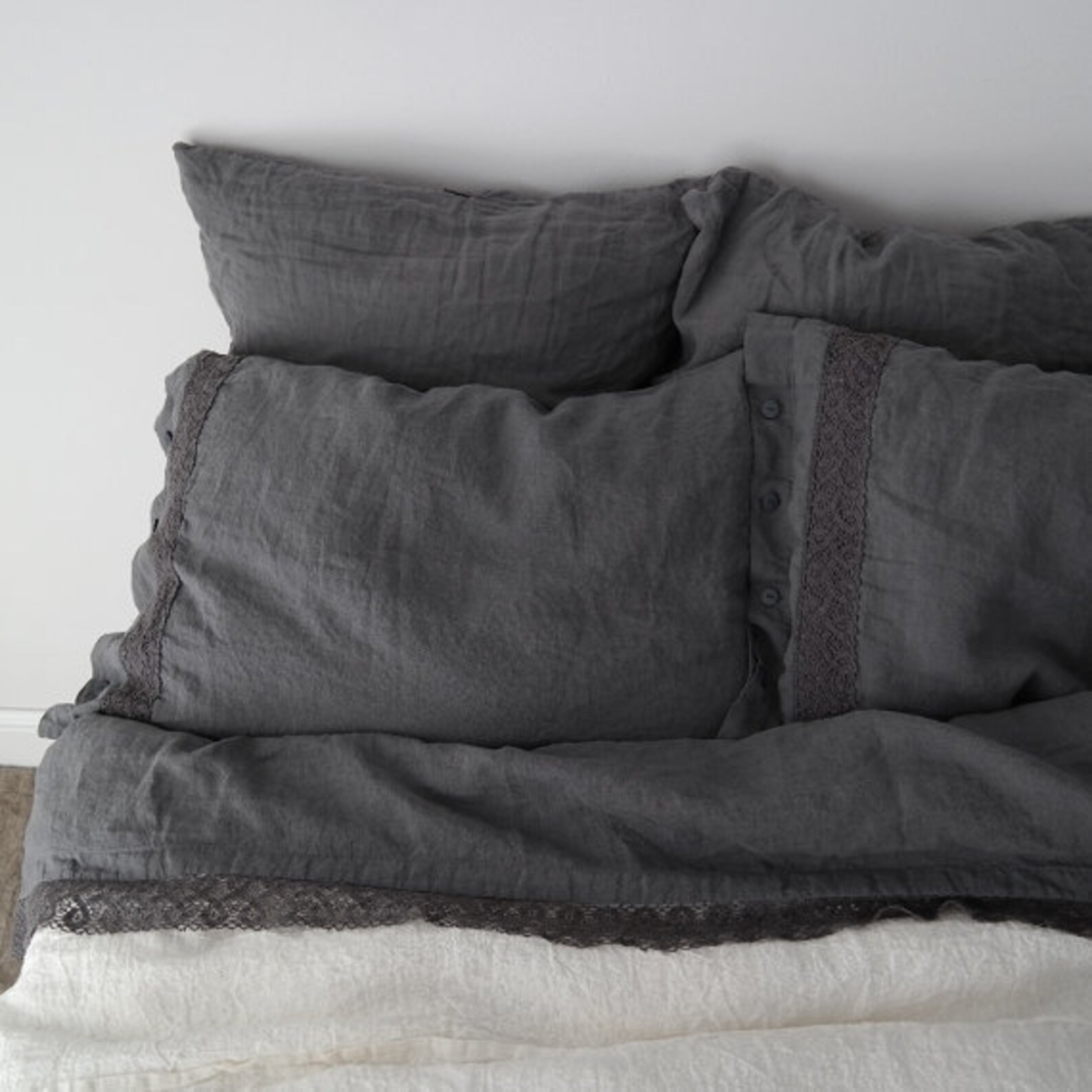 Linen SHEETS SET. France Linen LACE Bedding Set. Top Bed Sheet, Fitted ...