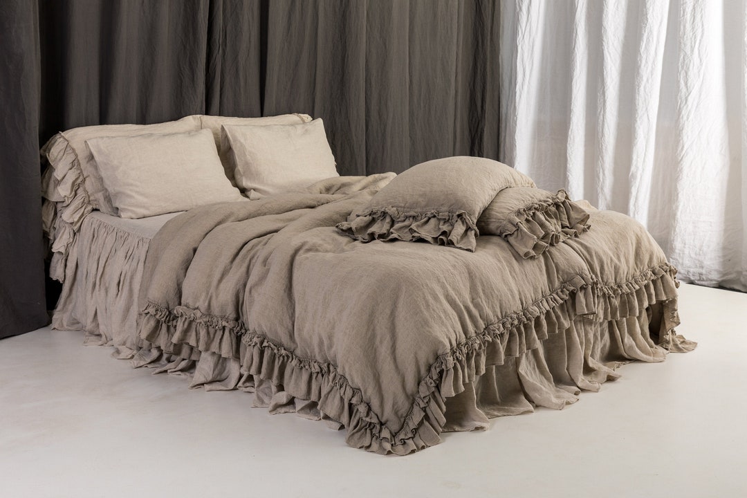 Linen DUVET COVER. Rustic Style Linen Bedding Set With Double Ruffles ...