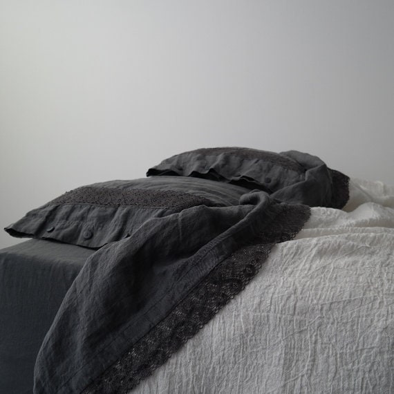 Linen SHEETS SET. France Linen LACE Bedding Set. Top Bed Sheet, Fitted ...