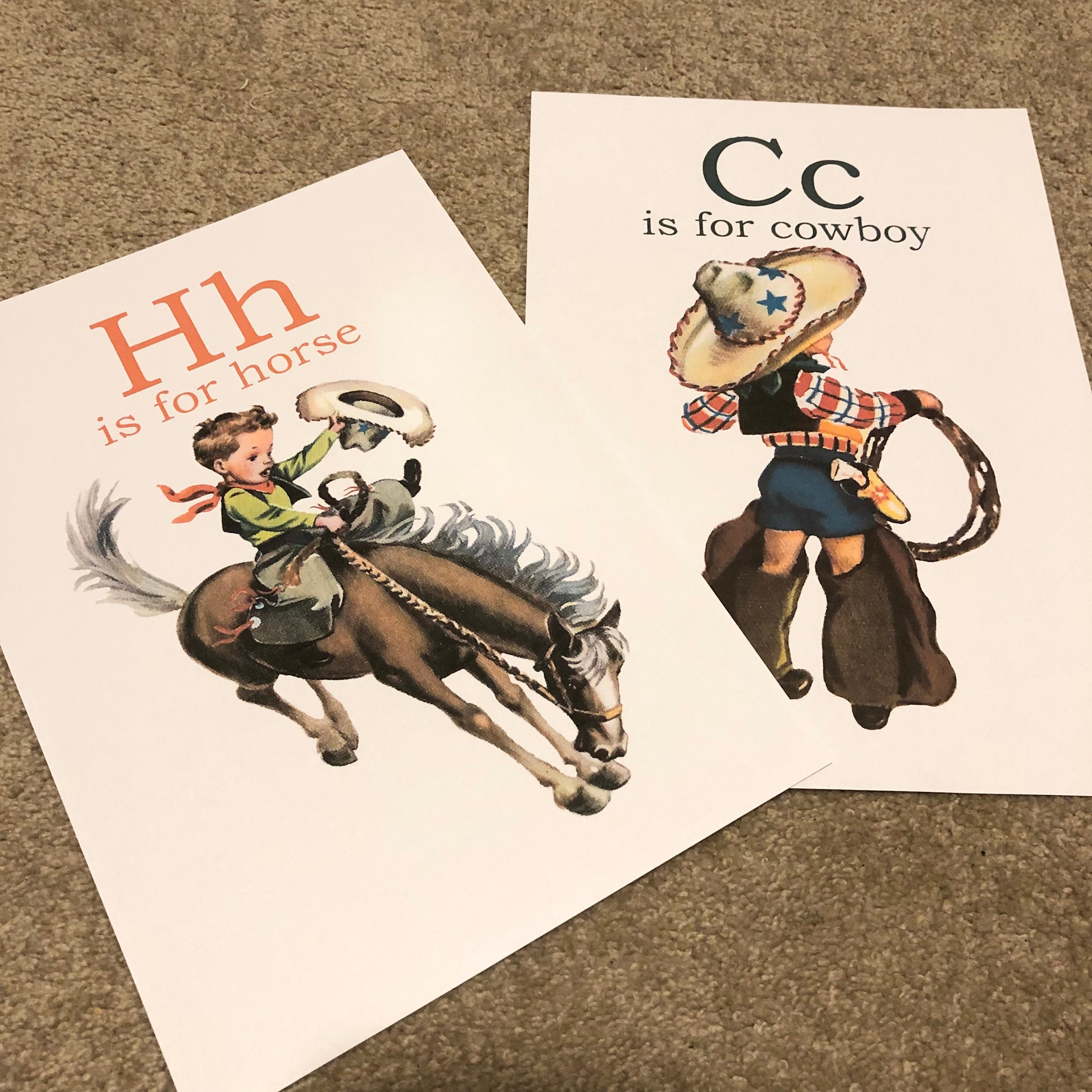 C is for Cowboy, H is for Horse-retro Vintage Boy Cowboy Buckaroo A4 2 ...