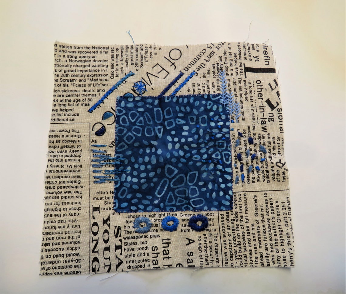 Blue Abstract Hand Embroidery Textile Art Collage - Etsy