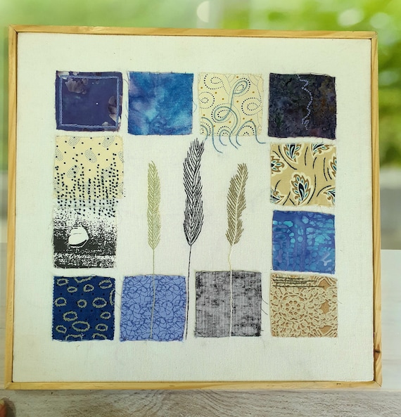 Blue Hand Embroidered Textile Art Abstract Wall Hanging | Etsy