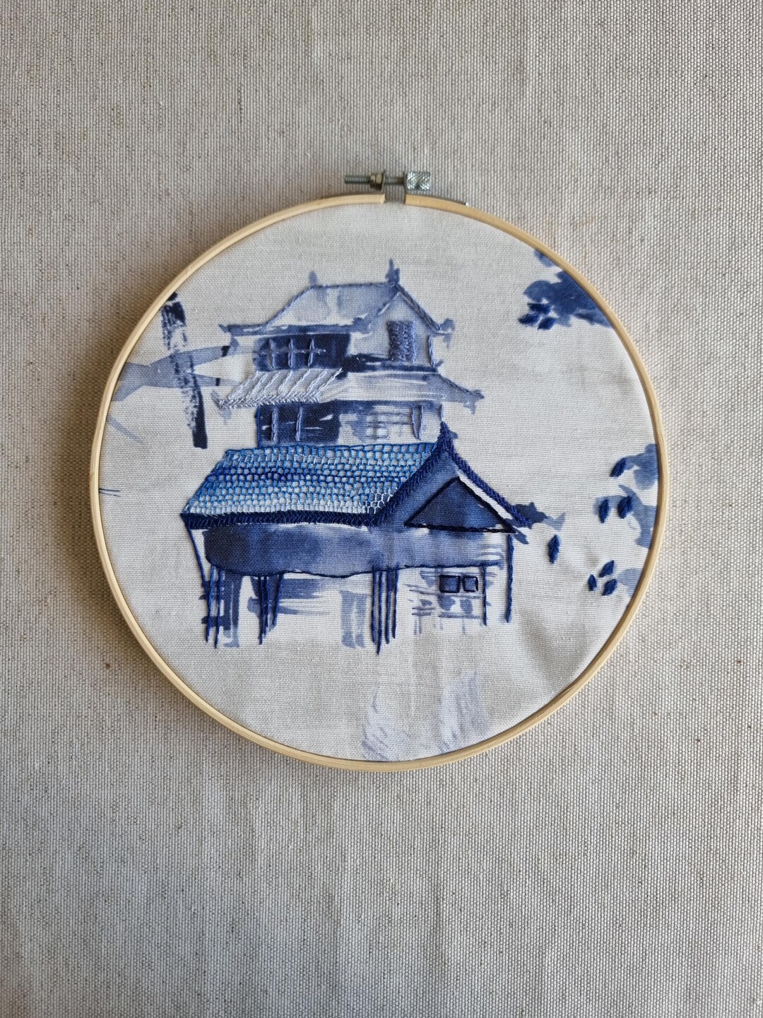Blue Japanese Hand Embroidered Hoop Art, Blue Pagoda Wall Décor, Hand ...