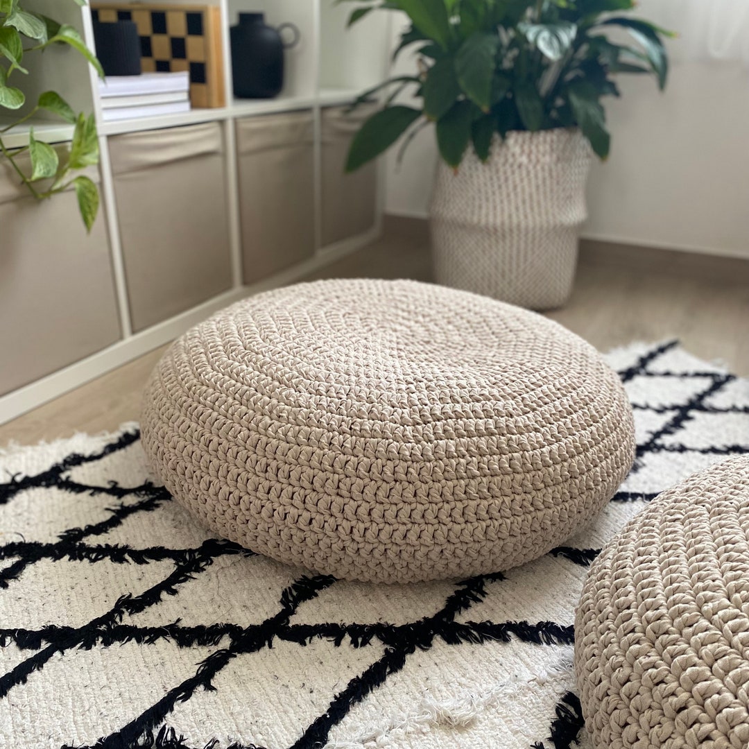 Large Crochet Floor Cushion, Round Seating Pillow, Light Beige Neutral ...