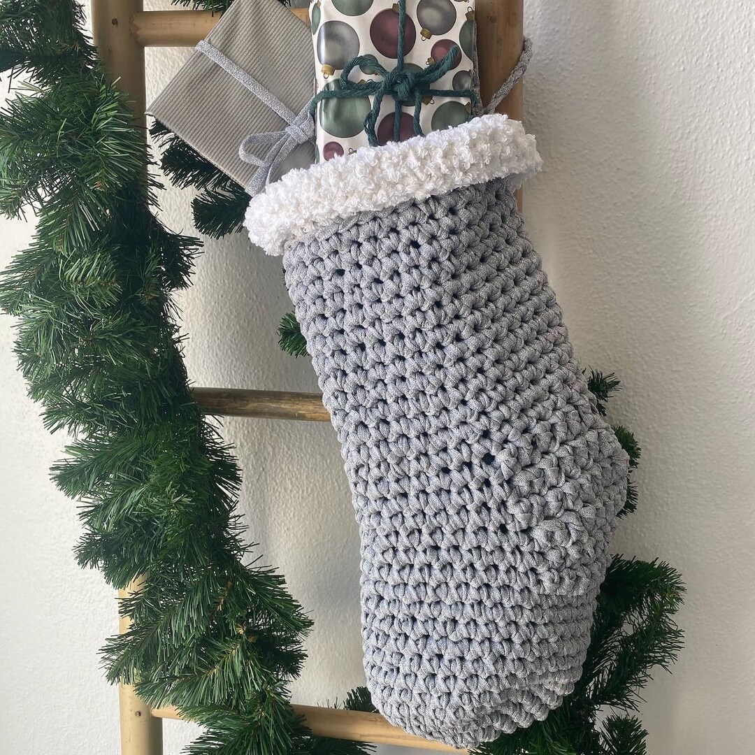 Silver Large Christmas Stocking, Chunky Knit Gray Sparkly Stockings ...