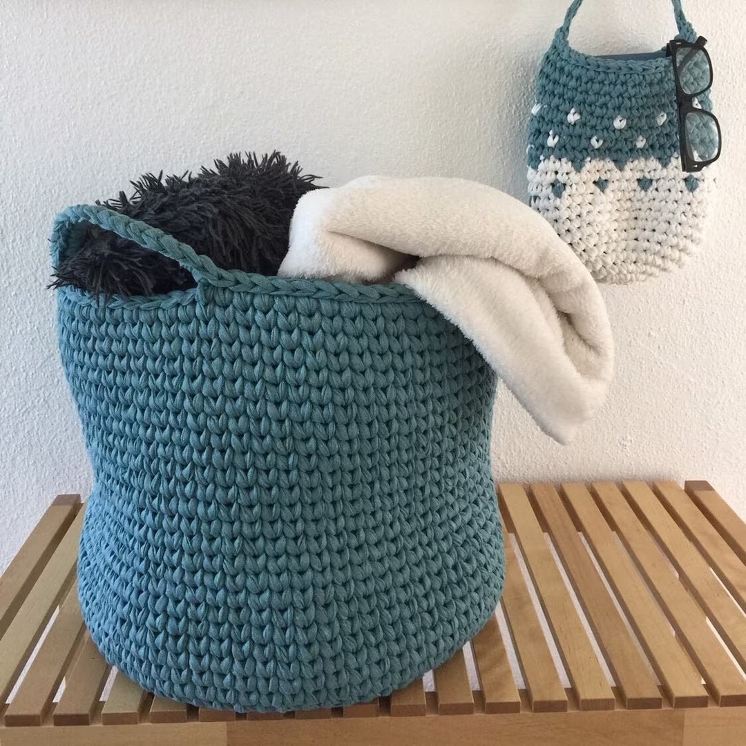 Teal Blue Crochet Basket: Large Cotton Laundry Hamper, Modern Storage ...