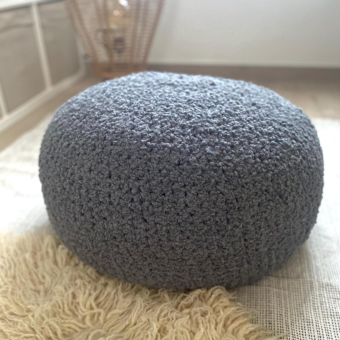 Grey Bouclé Round Ottoman Pouf, Chunky Knitted Footstool Pouffe, Unique ...