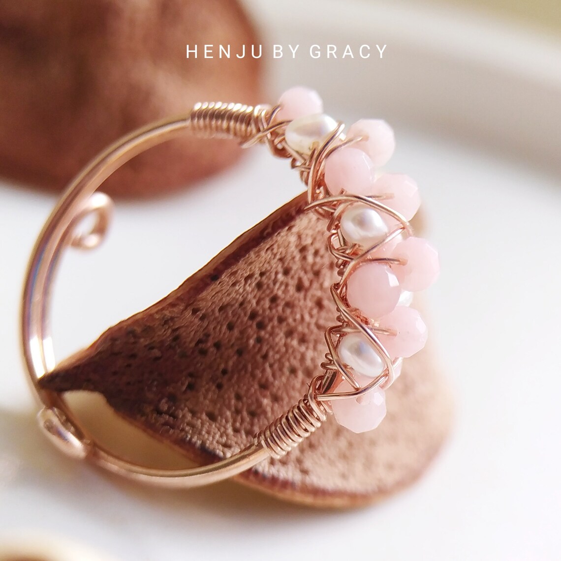 Gemstone Bubble Ring Adjustable / Wire Wrapped Pink Opal Pearl | Etsy