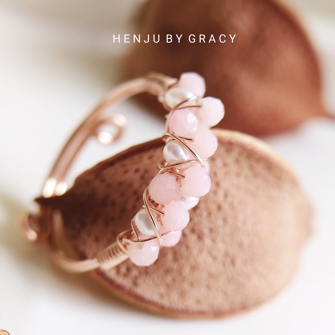 Gemstone Bubble Ring Adjustable / Wire Wrapped Pink Opal Pearl Ring ...