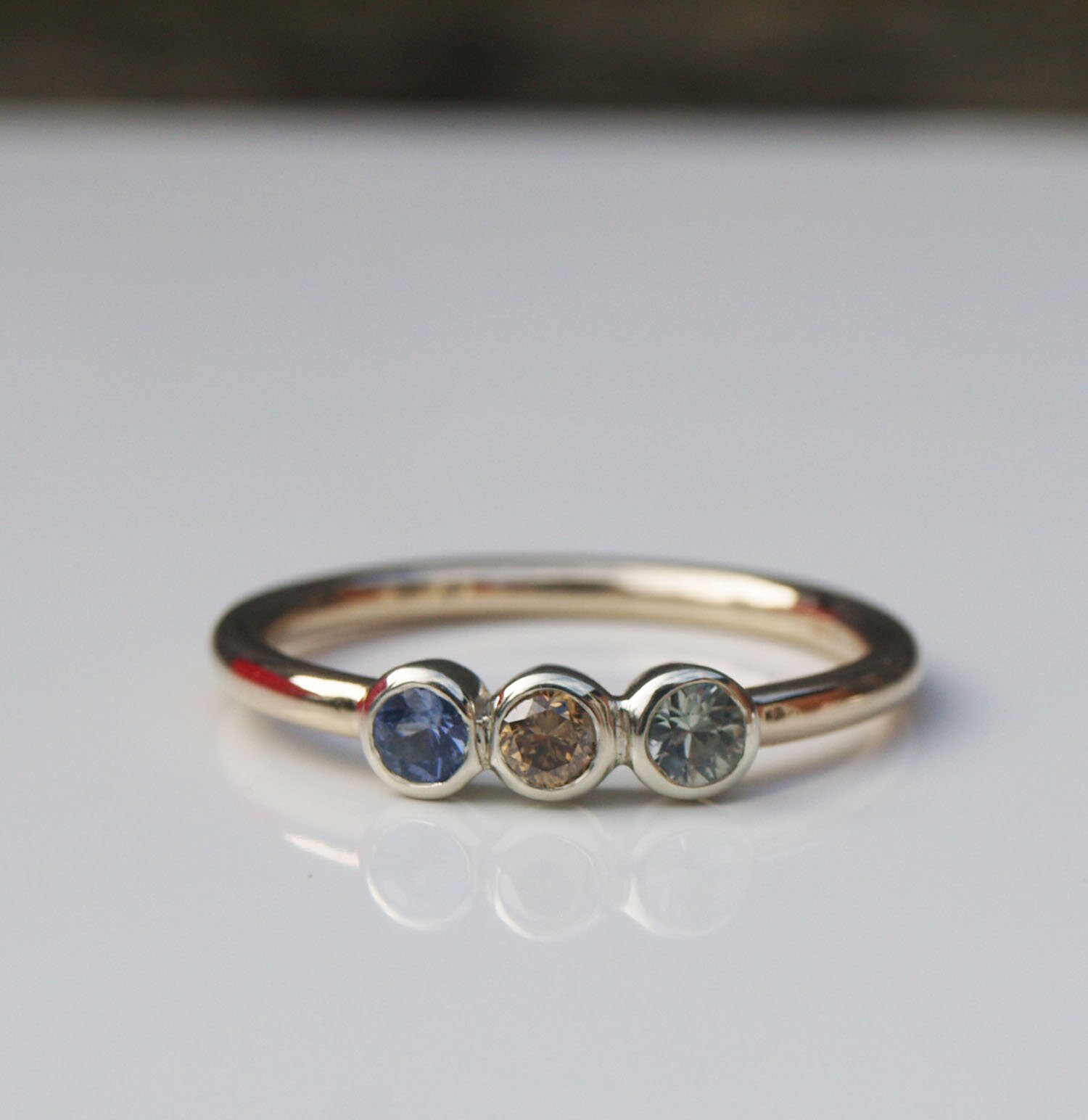 Sapphire and champagne diamond trilogy ring in recycled gold | Etsy