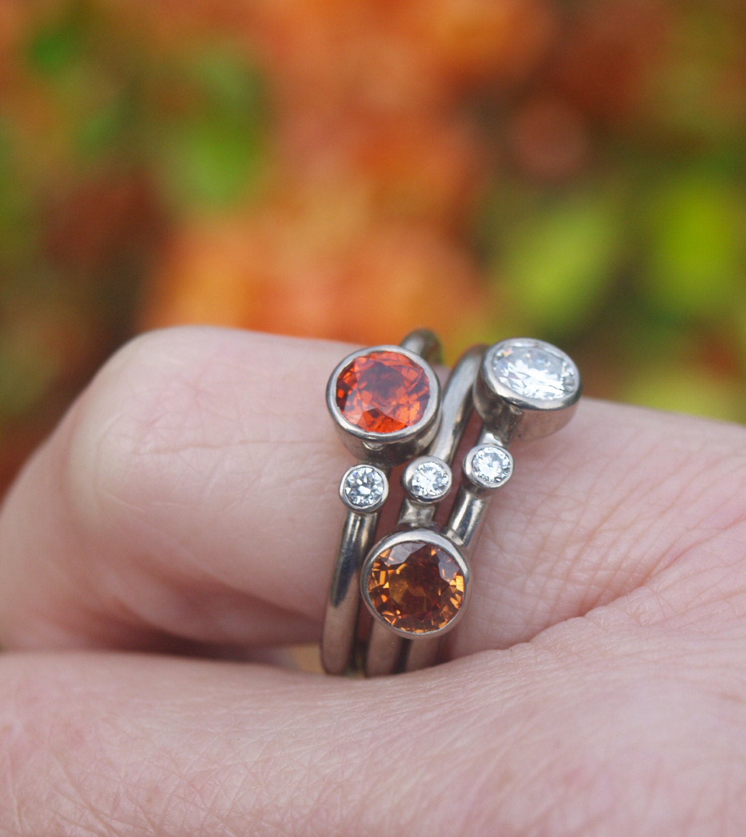 Orange Sapphire and Diamond Stacking Set in 18ct White Gold - Etsy UK