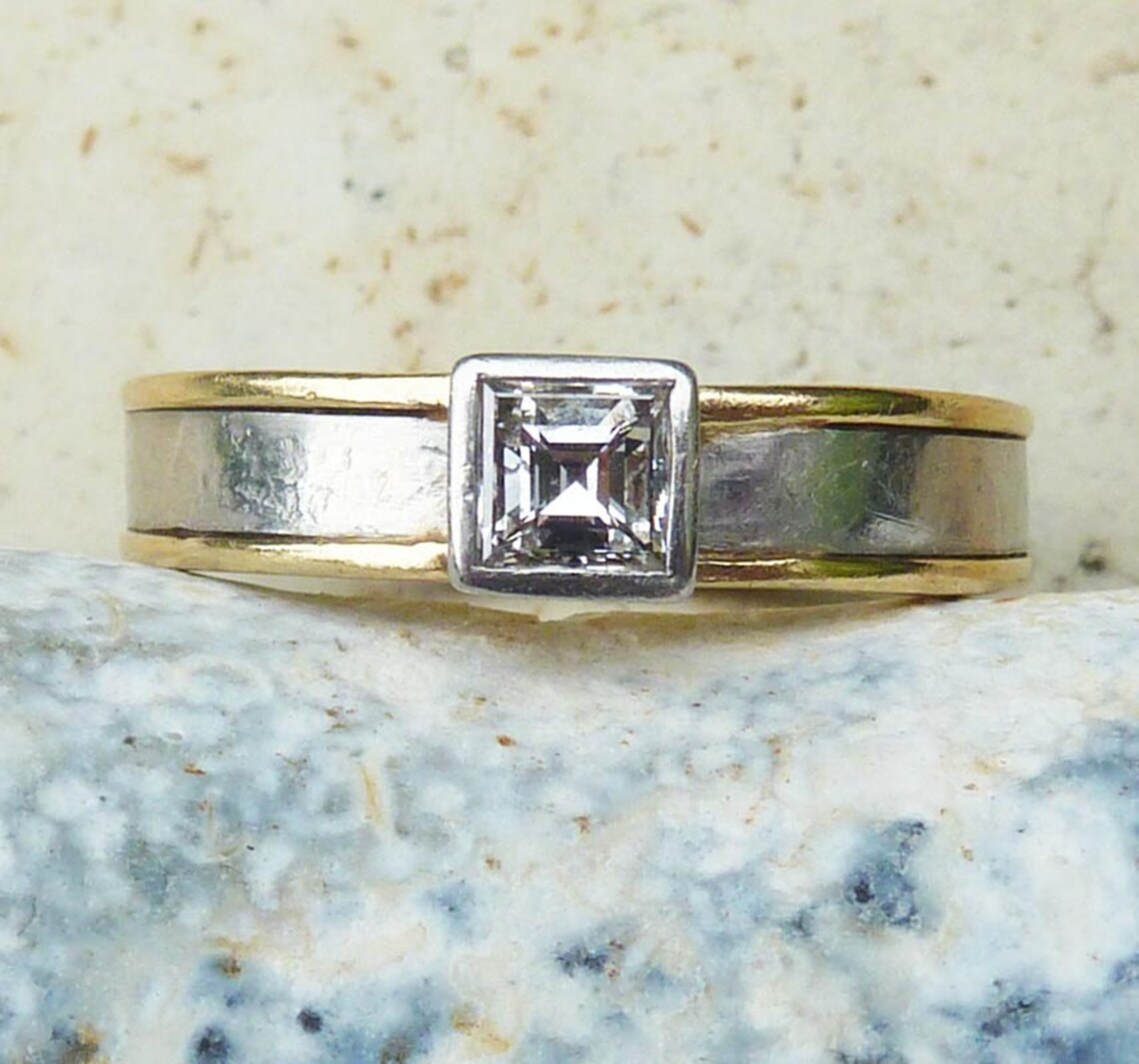 Square solitaire diamond engagement ring in platinum and gold | Etsy