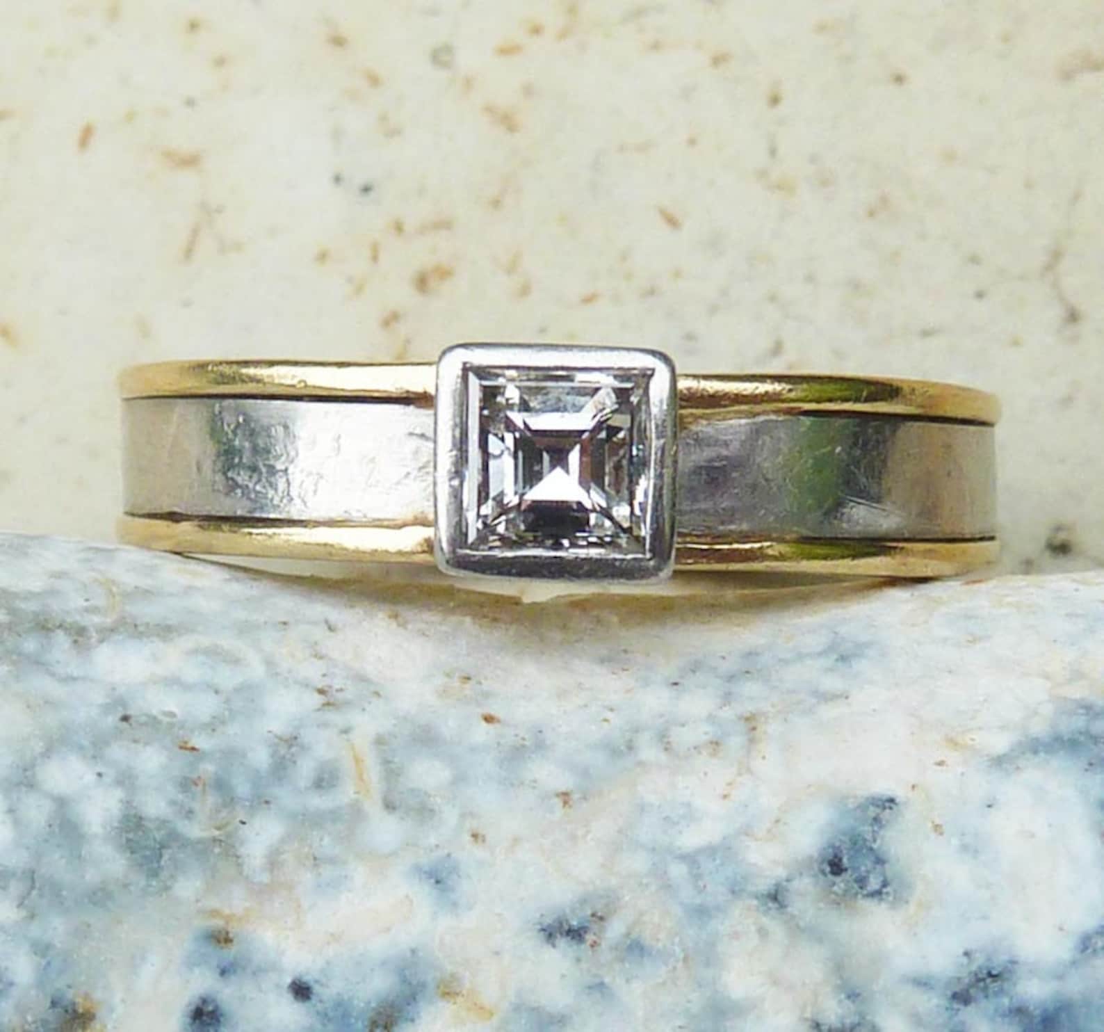 Square solitaire diamond engagement ring in platinum and gold | Etsy