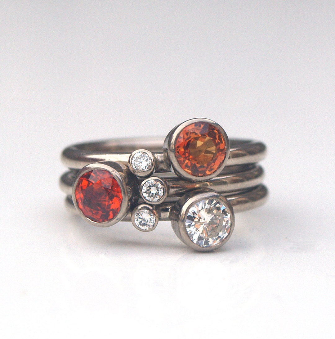 Orange Sapphire and Diamond Stacking Set in 18ct White Gold - Etsy UK