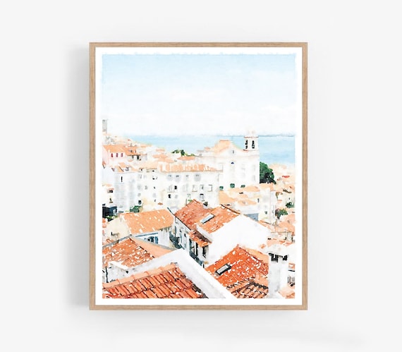 Lisbon Portugal Cityscape Painting Watercolor Wall Art Digital | Etsy