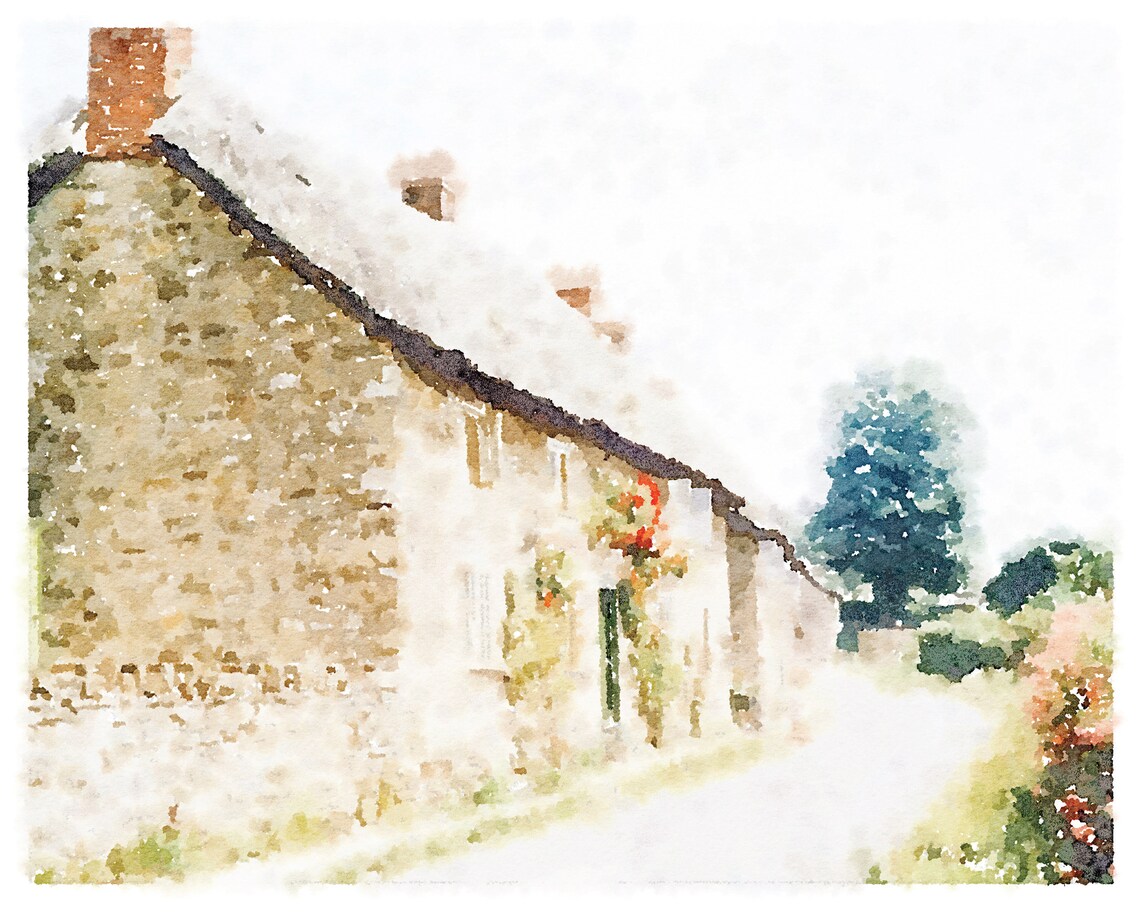 English Cottage Landscape Watercolor Wall Art Digital Download, Neutral ...