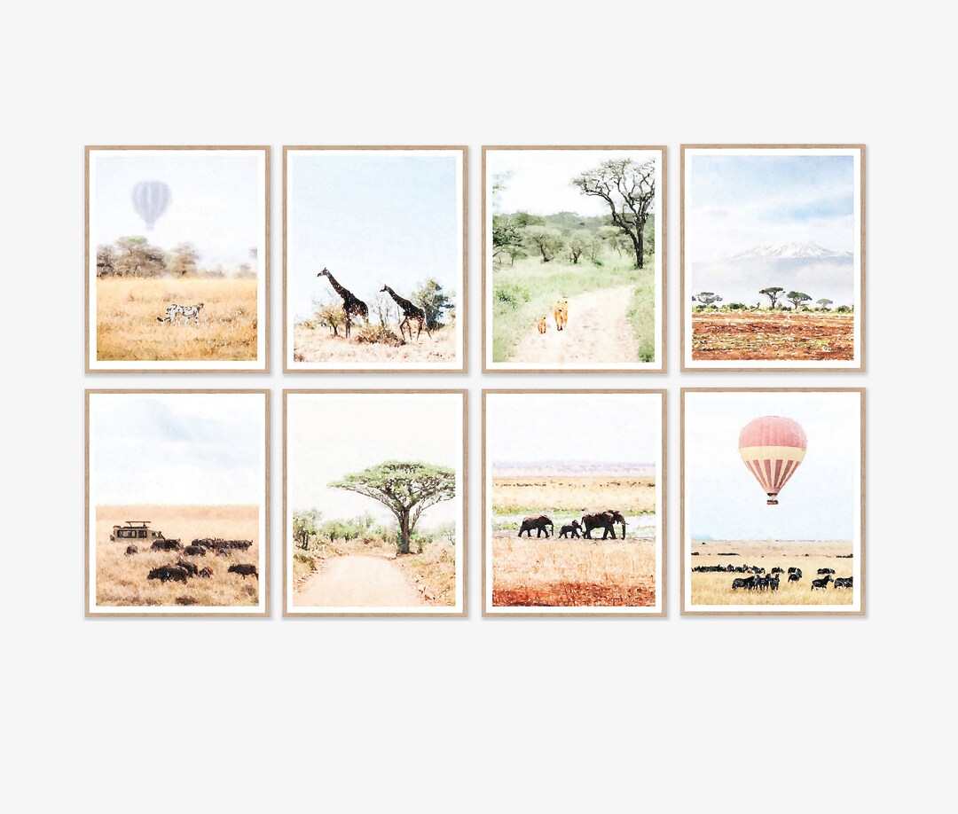 Set of 8 African Safari Animals Landscape Watercolor Gallery Wall Art ...