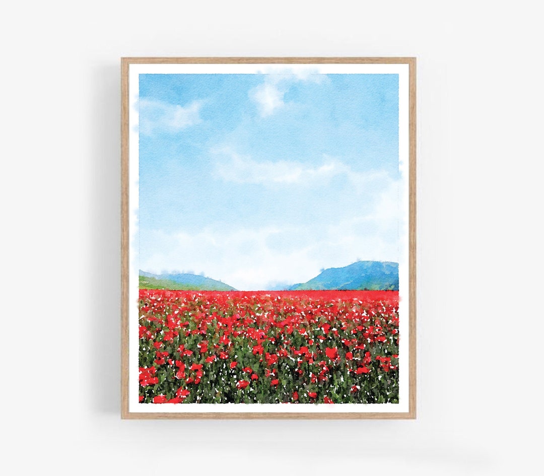 Red Poppy Print Watercolor Landscape Painting Digital Download ...