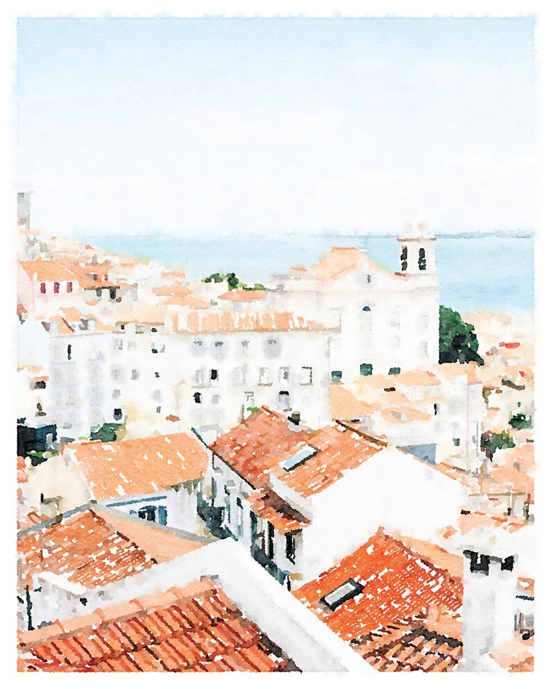 Lisbon Portugal Cityscape Painting Watercolor Wall Art Digital ...