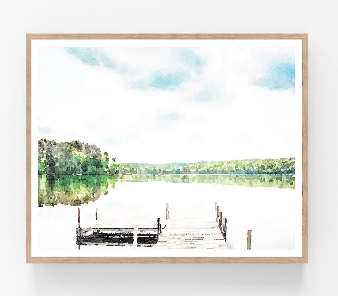 Lake Dock Painting Landscape Wall Art Watercolor Print Digital Download ...