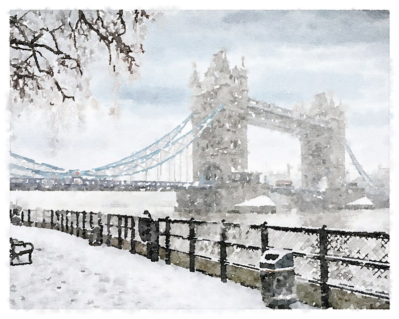London Tower Bridge in Winter Watercolor Wall Art Digital Printable ...