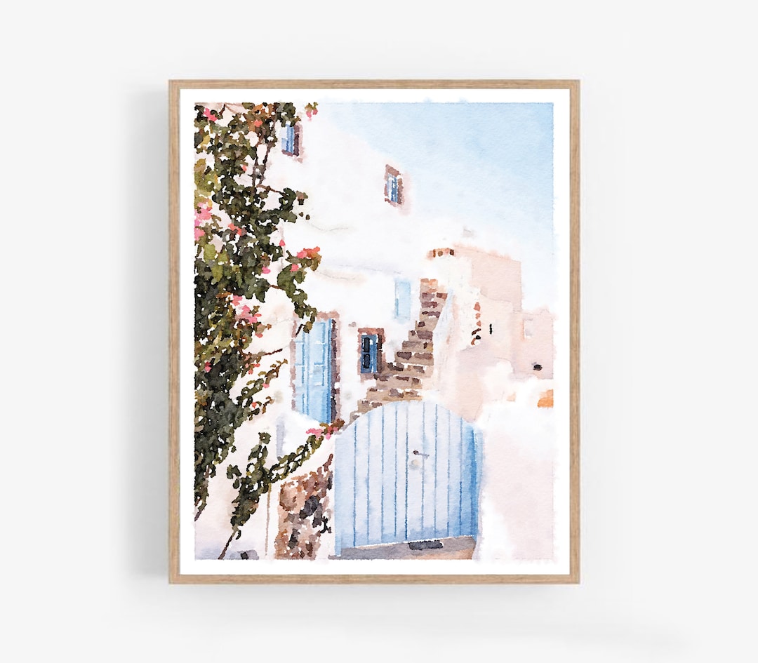 Greece Santorini House Building Watercolor Printable Wall Art, Digital ...
