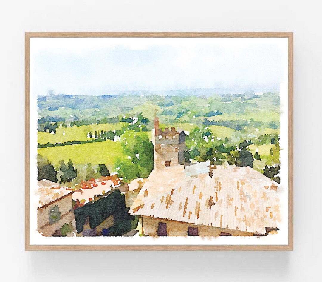 Tuscany Italy Rooftop Aerial View Landscape Watercolor Wall Art Digital ...