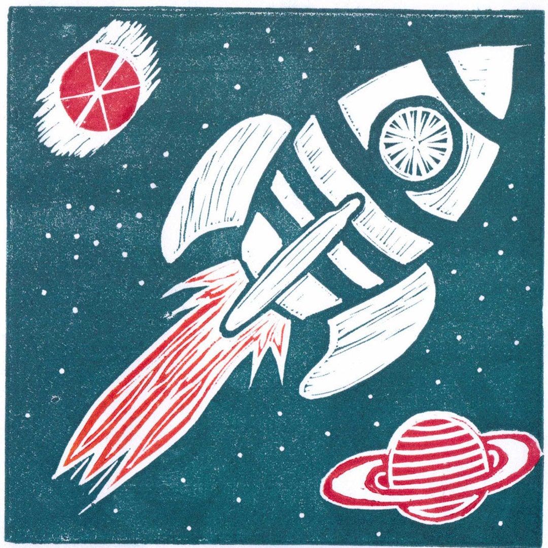 Retro Sky-rocket. Lino Cut Print - Etsy