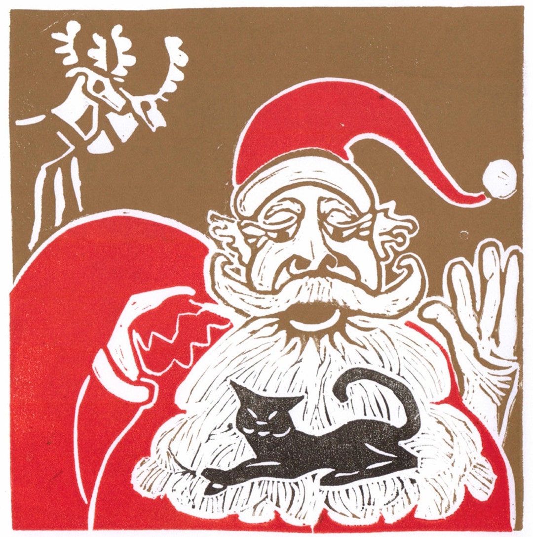 Santa and Inky Lino Cut Print - Etsy