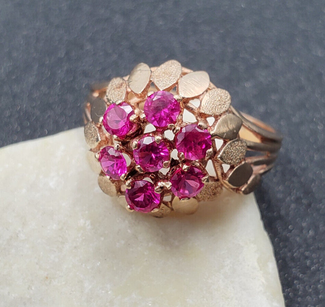 Vintage Antique Israel Signed PD Solid 14k Gold Ruby Cluster Dome Ring ...