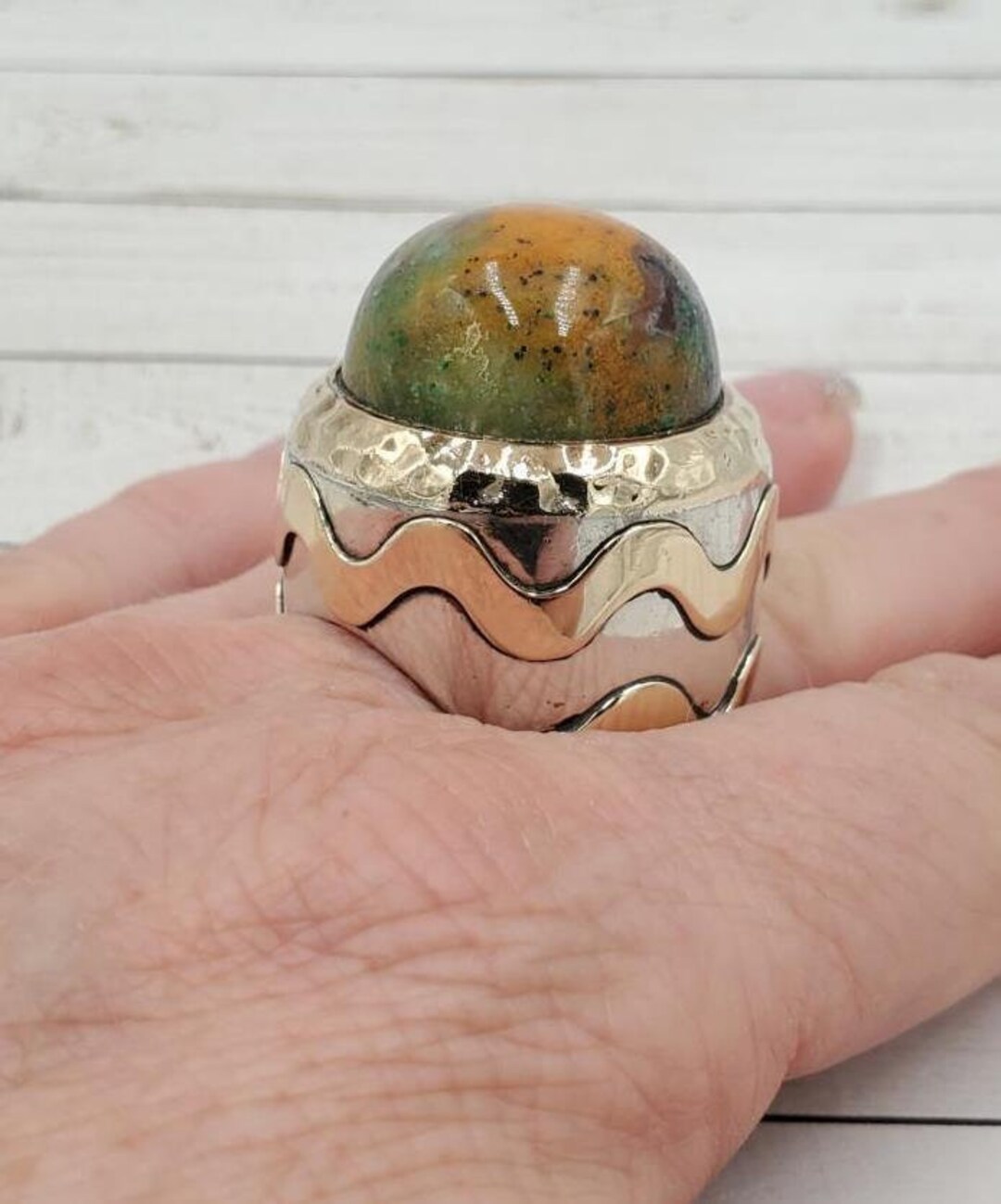 Dian Malouf HUGE Sterling Silver 14k Gold Jasper Dome Ring Sz 6.75 ~ 61 ...