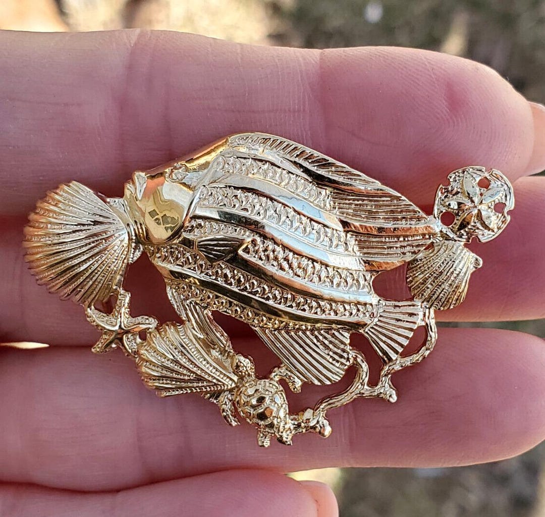 14k Real Solid Yellow Gold Ocean Life Fish Turtle Shell Slide Pendant ...